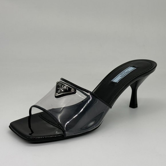 Prada | Shoes | Prada Signature Triangle Logo Pvc Patent Mule Sandals ...